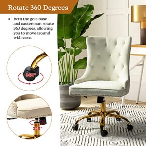 HULALA HOME Velvet Office Chair with Nailhead Trim & Gold Base, Modern Cute Tufted Desk Chair Swivel Adjustable, Upholstered Armless Computer Task Vanity Chair for Women, Ivory