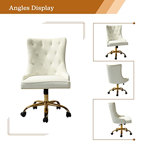 HULALA HOME Velvet Office Chair with Nailhead Trim & Gold Base, Modern Cute Tufted Desk Chair Swivel Adjustable, Upholstered Armless Computer Task Vanity Chair for Women, Ivory