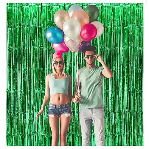 Yilistore 2 Pack 3.3 * 8.2ft Green Foil Fringe Curtain,Streamer Backdrop,Metallic Tinsel Streamer Curtains for St Patrick's Day Party Decorations