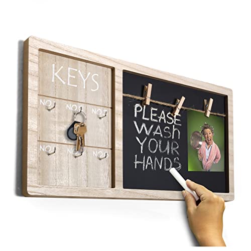 Key Hooks Photo Hangers Chalkboard Wall Mounted Keychains Organizer - Bohemian Hanging Photo Note Board Key Racks Hanger Suitable for Entryway, Front Door, Hallway for Boho and Rustic Decor.