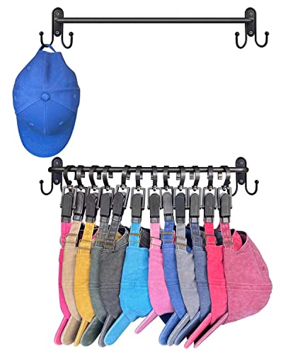 SDGINA Hat Racks for Baseball Caps, Hat Rack for Wall with 24 Clips and 8 Metal Wall Mounted Hooks, Great Hat Storage Hat Organizer for Baseball Caps, Hat Holder, Hat hanger for Closet Bedroom (Black)