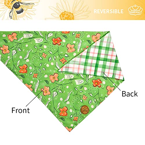 CROWNED BEAUTY Spring Dog Bandanas Reversible Large 2 Pack, Flower Plants Set, Plaid Stripes Adjustable Triangle Holiday Scarves for Medium Large Extra Large Dogs Pets DB41-L