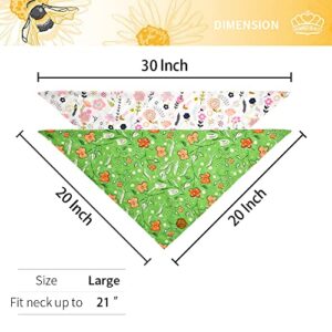 CROWNED BEAUTY Spring Dog Bandanas Reversible Large 2 Pack, Flower Plants Set, Plaid Stripes Adjustable Triangle Holiday Scarves for Medium Large Extra Large Dogs Pets DB41-L