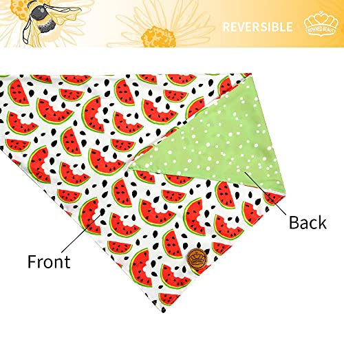 CROWNED BEAUTY Spring Summer Dog Bandanas Reversible Large 2 Pack, Watermelon Sunflower Set, Green Plaid Polka Dots Adjustable Triangle Holiday Scarves for Medium Large Extra Large Dogs Pets DB38-L