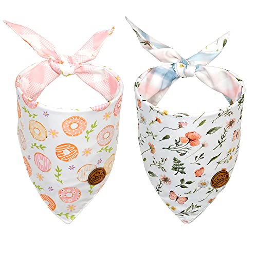 CROWNED BEAUTY Spring Dog Bandanas Reversible Large 2 Pack, Floral Donuts Set, Plaid Adjustable Triangle Holiday Pink Scarves for Medium Large Extra Large Dogs Pets DB33-L