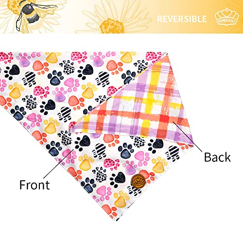 CROWNED BEAUTY Spring Dog Bandanas Reversible Large 2 Pack, Paws Set, Plaid Stripes Adjustable Triangle Holiday Purple Scarves for Medium Large Extra Large Dogs Pets DB40-L