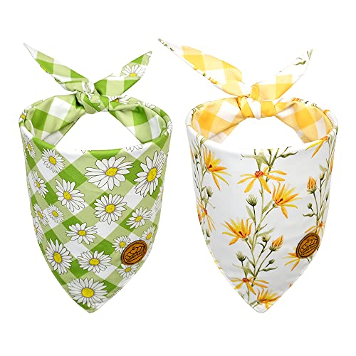 CROWNED BEAUTY Spring Summer Dog Bandanas Reversible Large 2 Pack, Floral Daisy Set, Plaid Adjustable Triangle Holiday Green Yellow Scarves for Medium Large Extra Large Dogs Pets DB37-L