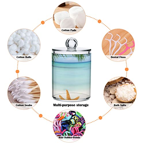 WELLDAY Apothecary Jars Bathroom Storage Organizer with Lid - 14 oz Qtip Holder Storage Canister, Summer Beach Starfish Clear Plastic Jar for Cotton Swab, Cotton Ball, Floss Picks, Makeup Sponges,Hair