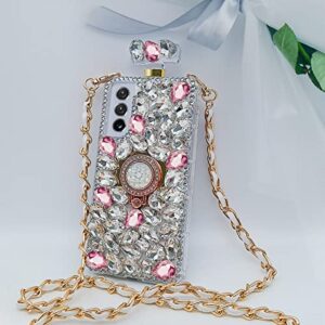 Losin Compatible with Galaxy S23 Bling Case Luxury 3D Perfume Bottle Phone Case Glitter Sparkle Crystal Rhinestones Diamond Gemstone Ring Stand Kickstand Crossbody Lanyard Strap for Women Girls, Pink