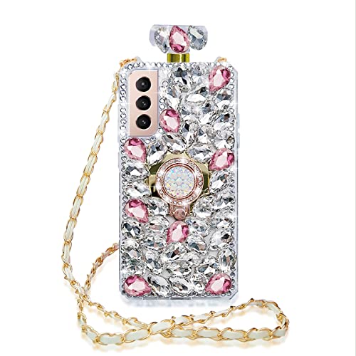 Losin Compatible with Galaxy S23 Bling Case Luxury 3D Perfume Bottle Phone Case Glitter Sparkle Crystal Rhinestones Diamond Gemstone Ring Stand Kickstand Crossbody Lanyard Strap for Women Girls, Pink