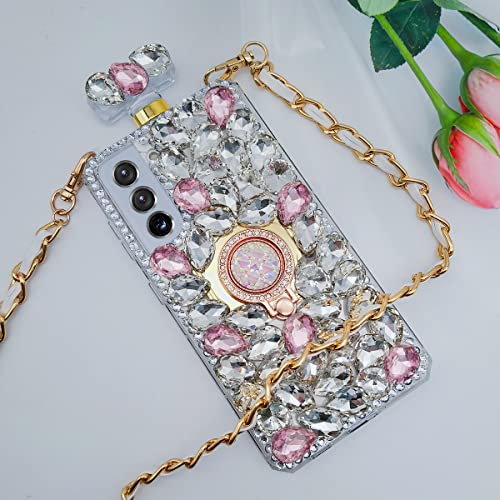 Losin Compatible with Galaxy S23 Bling Case Luxury 3D Perfume Bottle Phone Case Glitter Sparkle Crystal Rhinestones Diamond Gemstone Ring Stand Kickstand Crossbody Lanyard Strap for Women Girls, Pink