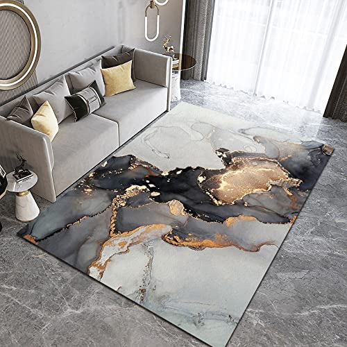 QINYUN Modern Style Area Rug, Grey Gold Swoosh Marble Bedroom Rug, Indoor Decorative Rug Anti-Slip Comfortable and Durable, Suitable for Office Bedroom Living Room-4ft×6ft