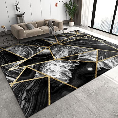 Vintage Luxury Black & White Marble Area Rugs, Cloud Pattern Gold Line Kids Rugs, Non-Slip Durable Easy Clean Low Pile Thin Rug for Hallway Patio Study Room Floor Bedside, 3x5ft