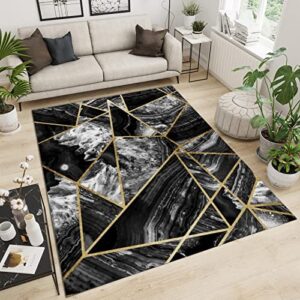 Vintage Luxury Black & White Marble Area Rugs, Cloud Pattern Gold Line Kids Rugs, Non-Slip Durable Easy Clean Low Pile Thin Rug for Hallway Patio Study Room Floor Bedside, 3x5ft