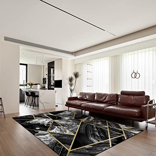 Vintage Luxury Black & White Marble Area Rugs, Cloud Pattern Gold Line Kids Rugs, Non-Slip Durable Easy Clean Low Pile Thin Rug for Hallway Patio Study Room Floor Bedside, 3x5ft