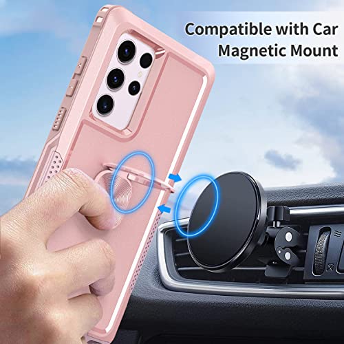 Bizzib for Samsung Galaxy S23 Ultra Case Heavy Duty Full Body Shockproof Kickstand With 360° Ring Holder Support Car Mount Hybrid Bumper Silicone Hard Back Cover with 2 Pack HD Len Protector Rose Gold