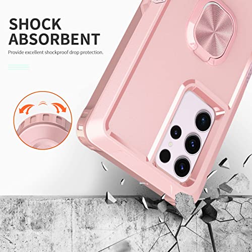 Bizzib for Samsung Galaxy S23 Ultra Case Heavy Duty Full Body Shockproof Kickstand With 360° Ring Holder Support Car Mount Hybrid Bumper Silicone Hard Back Cover with 2 Pack HD Len Protector Rose Gold