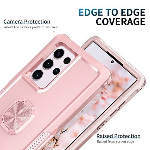 Bizzib for Samsung Galaxy S23 Ultra Case Heavy Duty Full Body Shockproof Kickstand With 360° Ring Holder Support Car Mount Hybrid Bumper Silicone Hard Back Cover with 2 Pack HD Len Protector Rose Gold