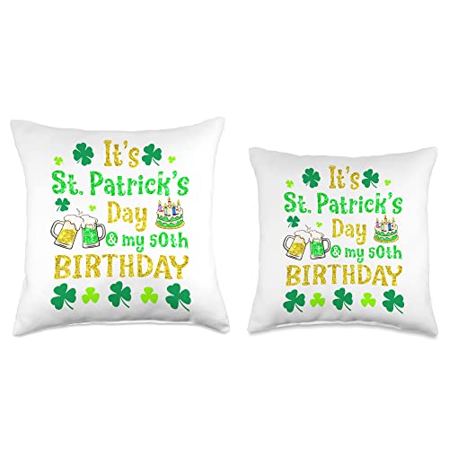 St Patricks Day Shamrocks Beer & Cake It's St Patrick Day & My 50th Birthday Throw Pillow, 18x18, Multicolor