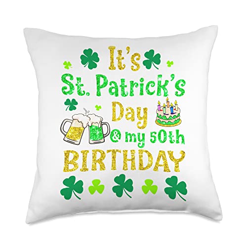 St Patricks Day Shamrocks Beer & Cake It's St Patrick Day & My 50th Birthday Throw Pillow, 18x18, Multicolor