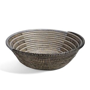 African Fair Trade Handwoven Round Table Basket from Senegal, Silver/Black, Large