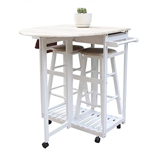 IRDFWH Dining Room Kitchen Foldable Wooden Handle Semicircle Dining Cart with Round Stool White