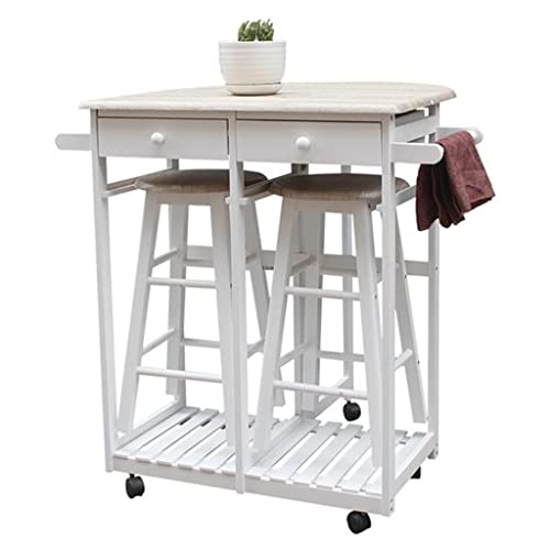 IRDFWH Dining Room Kitchen Foldable Wooden Handle Semicircle Dining Cart with Round Stool White