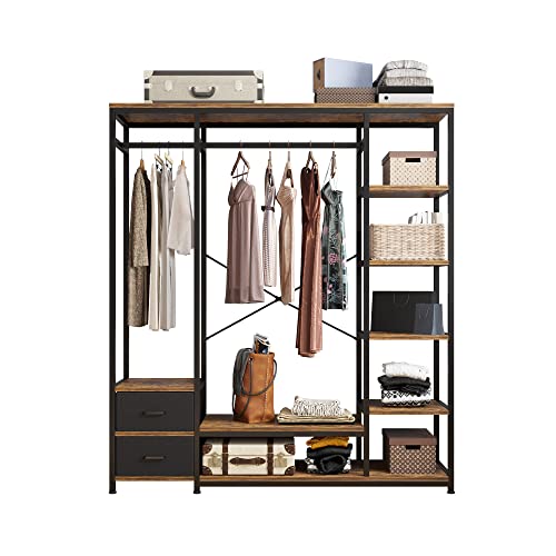 BNSPLY Heavy Duty Clothes Rack with 6 Tier Shelves, Free Standing Garment Rack Clothing Rack with Hanging Rod and 2 Drawers for Hanging Clothes, Industrial Metal Wardrobe Closet Organizer for Bedroom