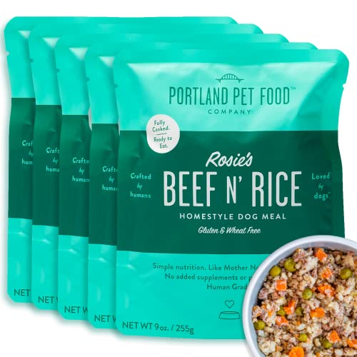 CRAFTED BY HUMANS LOVED BY DOGS Portland Pet Food Company Human-Grade Dog Food Pouch — Mixer, Topper, and Rotational Meal (Rosie's Beef, 5 Pack)