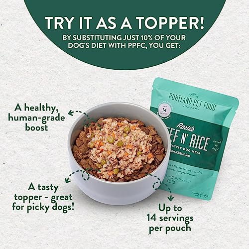 CRAFTED BY HUMANS LOVED BY DOGS Portland Pet Food Company Human-Grade Dog Food Pouch — Mixer, Topper, and Rotational Meal (Rosie's Beef, 5 Pack)