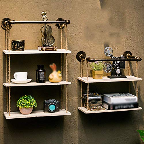 PIBM Stylish Simplicity Shelf Wall Mounted Floating Rack Wooden Industrial Style Water Pipe Hemp Rope Shop Shelf Retro,6 Sizes,2/3 Layers, a , 62.5X18X52CM