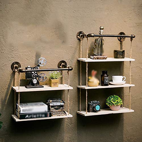 PIBM Stylish Simplicity Shelf Wall Mounted Floating Rack Wooden Industrial Style Water Pipe Hemp Rope Shop Shelf Retro,6 Sizes,2/3 Layers, a , 62.5X18X52CM