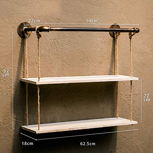 PIBM Stylish Simplicity Shelf Wall Mounted Floating Rack Wooden Industrial Style Water Pipe Hemp Rope Shop Shelf Retro,6 Sizes,2/3 Layers, a , 62.5X18X52CM