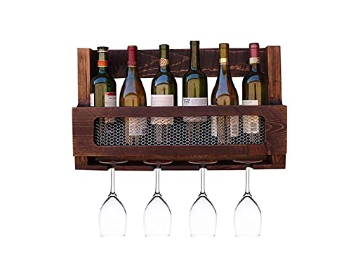 Stylish Simplicity Wine Rack Wall-Mounted Wine Rack and Glass Holder,Solid Wood Retro Home and Kitchen Bar Decoration Accessories, Pine Wood, Can Accommodate 6 Bottles of Red Wine and 4 Goblets , PIB