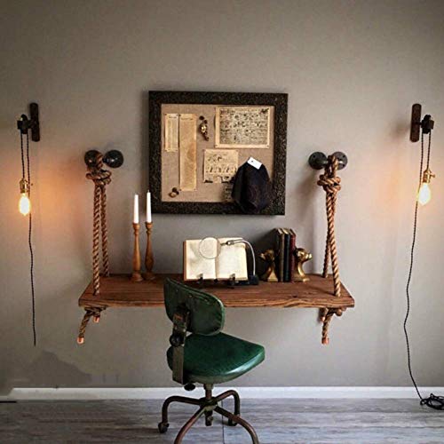 PIBM Stylish Simplicity Shelf Wall Mounted Floating Rack Shelves Hemp Rope Solid Wood Computer Desk Coffee Shop Bar Bearing Strong,5 Sizes, Wood , 100x60x3cm