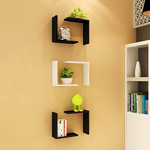 PIBM Stylish Simplicity Shelf Wall Mounted Floating Rack Wooden Background Wall Living Room 6 Pieces Set,30X30Cm,2 Colors Avaliable, Blackwhite Combination