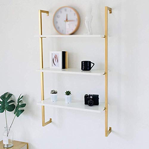 PIBM Stylish Simplicity Shelf Wall Mounted Floating Rack Shelves Solid Wood Iron Art Simple Modern Storage Bookshelf Living Room Multi-Layer,3 Sizes, Gold , B+B