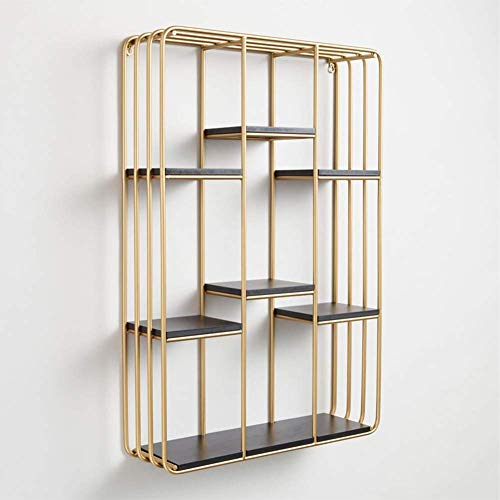 PIBM Stylish Simplicity Shelf Wall Mounted Floating Rack Shelves Simple Rect Iron Art Wooden Storage Multifunction Bookshelf,4 Layers, Gold , 60x16.5x90cm