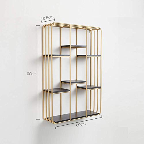 PIBM Stylish Simplicity Shelf Wall Mounted Floating Rack Shelves Simple Rect Iron Art Wooden Storage Multifunction Bookshelf,4 Layers, Gold , 60x16.5x90cm