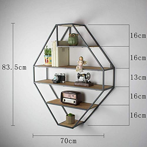 PIBM Stylish Simplicity Shelf Wall Mounted Floating Rack Shelves American Style Iron Art Solid Wood Lattice Display Stand Bookshelf,5 Layers, Black , 70x83.5cm