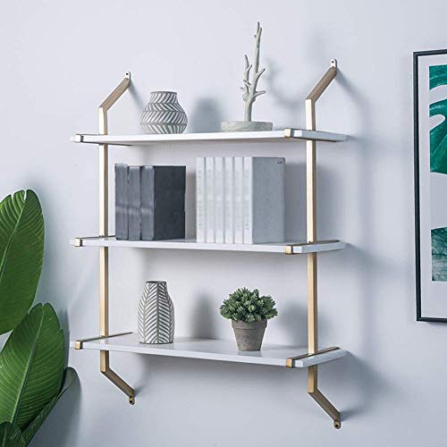 PIBM Stylish Simplicity Shelf Wall Mounted Floating Rack Shelves Simple Iron Art Solid Wood Bookshelf Living Room Bearing Strong,2 Colours,4 Sizes, Golden Border , 80x26x74cm