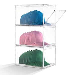 hat organizer box for baseball caps, 3 packs baseball cap organizer, hat cap acrylic display case, clear hat/cap storage organizer for closet, baseball hat organizer, stackable cap holder organzier