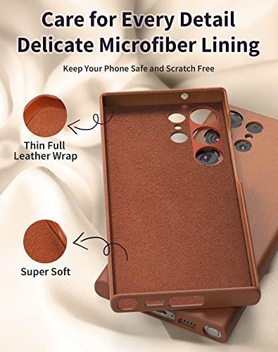 DDJ Samsung Galaxy S23 Ultra Case, Thin Full Leather Wrap, Shockproof, Classic Slim Design, Raised Screen & Camera Protection, Brown