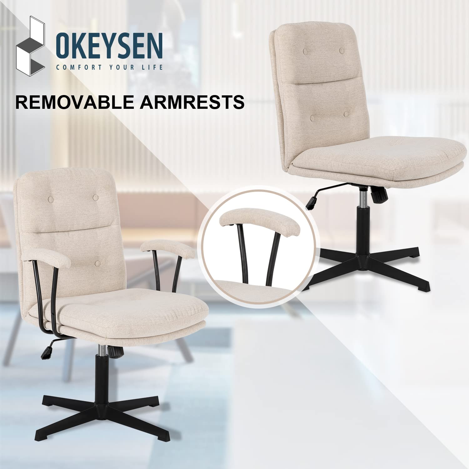 Okeysen Modern Office Desk Chair, Vanity Chair with Removable Padded Armrests for Home, Ergonomic Swivel Chair with No Wheels, Linen Comfy Chair with Premium Thick Cushion