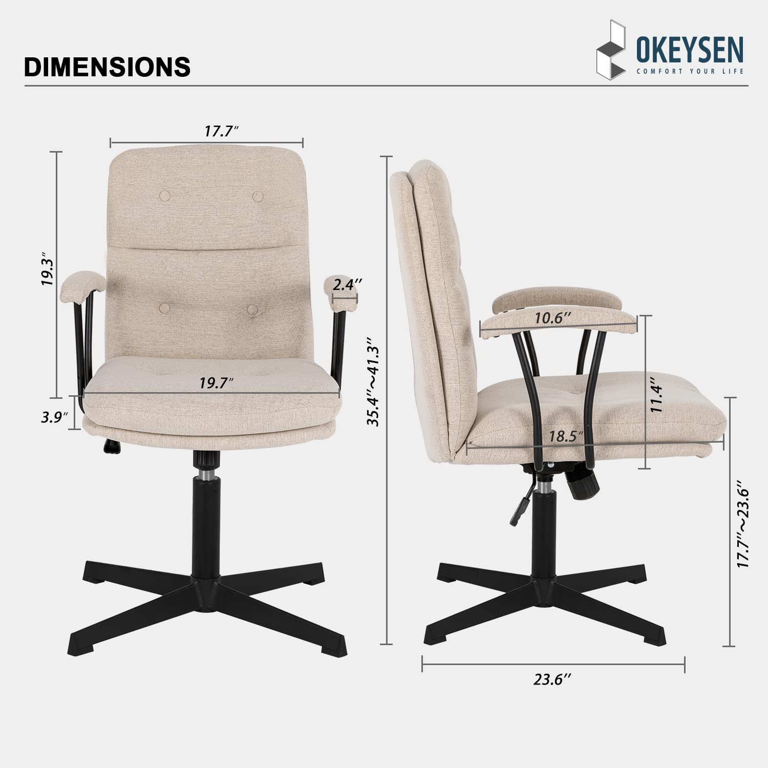 Okeysen Modern Office Desk Chair, Vanity Chair with Removable Padded Armrests for Home, Ergonomic Swivel Chair with No Wheels, Linen Comfy Chair with Premium Thick Cushion