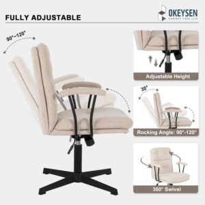 Okeysen Modern Office Desk Chair, Vanity Chair with Removable Padded Armrests for Home, Ergonomic Swivel Chair with No Wheels, Linen Comfy Chair with Premium Thick Cushion