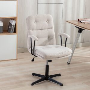 Okeysen Modern Office Desk Chair, Vanity Chair with Removable Padded Armrests for Home, Ergonomic Swivel Chair with No Wheels, Linen Comfy Chair with Premium Thick Cushion