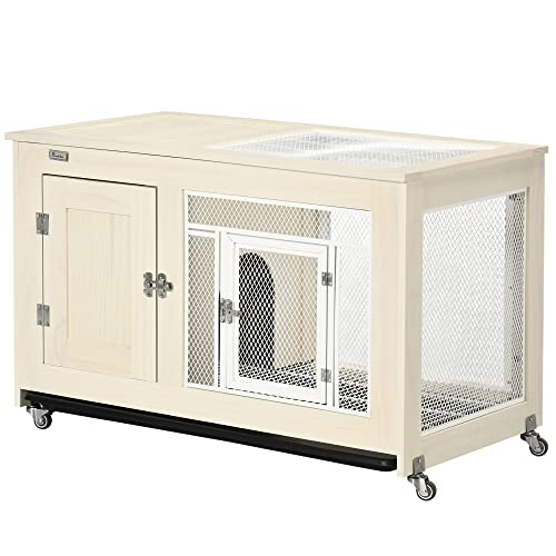 PawHut Small Rabbit Hutch Indoor Bunny Cage on Wheels, Rabbit Habitat with Tough Pinewood, Openable Top, Rabbit Cage Inside, 37.5" x 21" x 24.5"