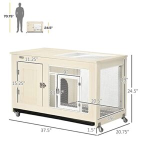 PawHut Small Rabbit Hutch Indoor Bunny Cage on Wheels, Rabbit Habitat with Tough Pinewood, Openable Top, Rabbit Cage Inside, 37.5" x 21" x 24.5"