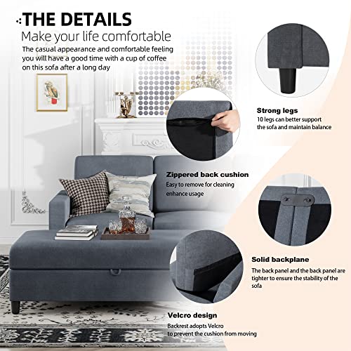 JY QAQA Convertible Sectional Sofa Couch with Long Storage Ottoman，L-Shaped Modular Couch with Modern Linen Fabric Wide Reversible Chaise for Small Space